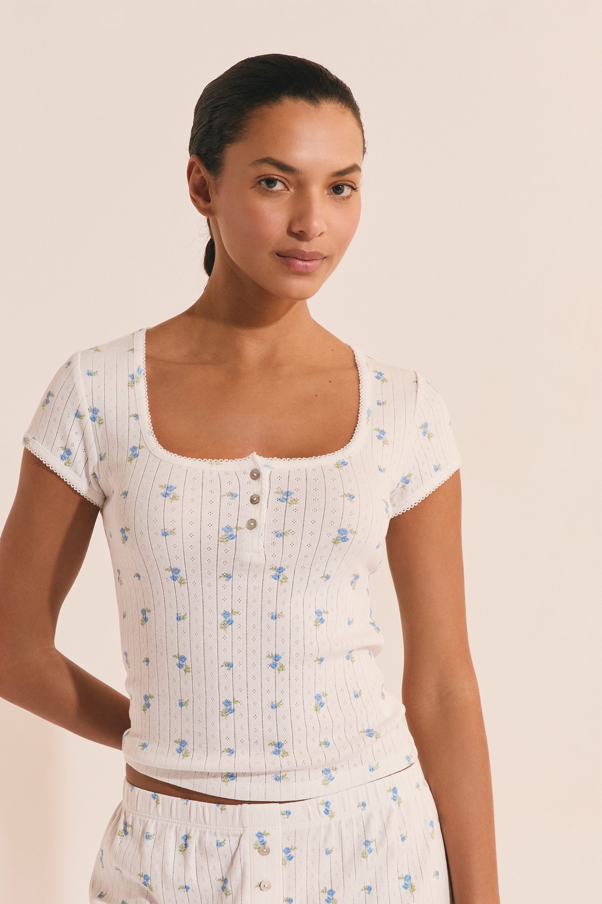 Playera de pijama estampada de algodón punto elástico KATELL ECRU - ETAM
